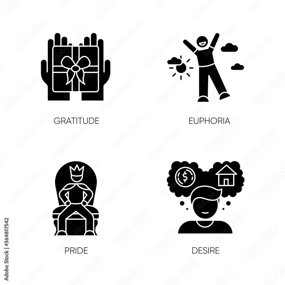Emotions and personality traits black glyph icons set on white space ...