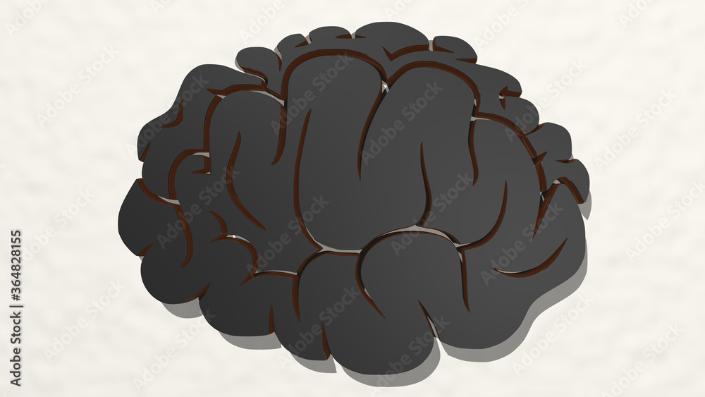 brain on the wall. 3D illustration of metallic sculpture over a white ...
