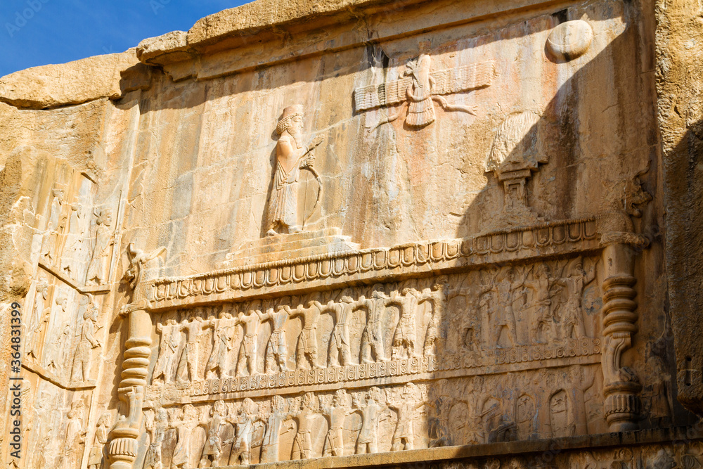 Ruins of Apadana and Tachara Palace behind stairway with bas relief ...