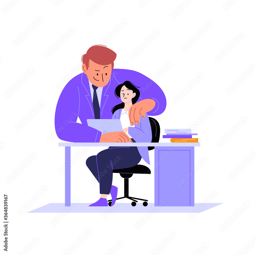 Harassment at work. A boss touching his female employee at the office ...