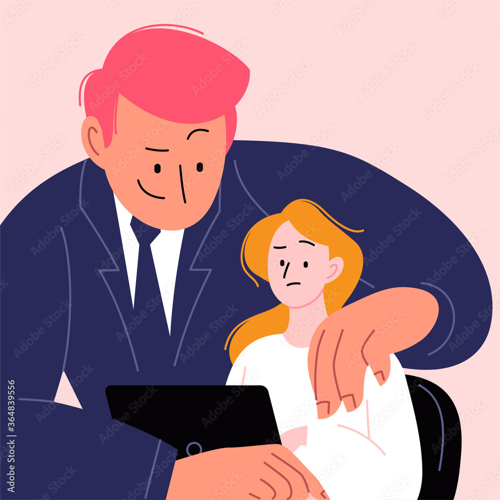 Harassment at work. A boss touching his female employee at the office ...