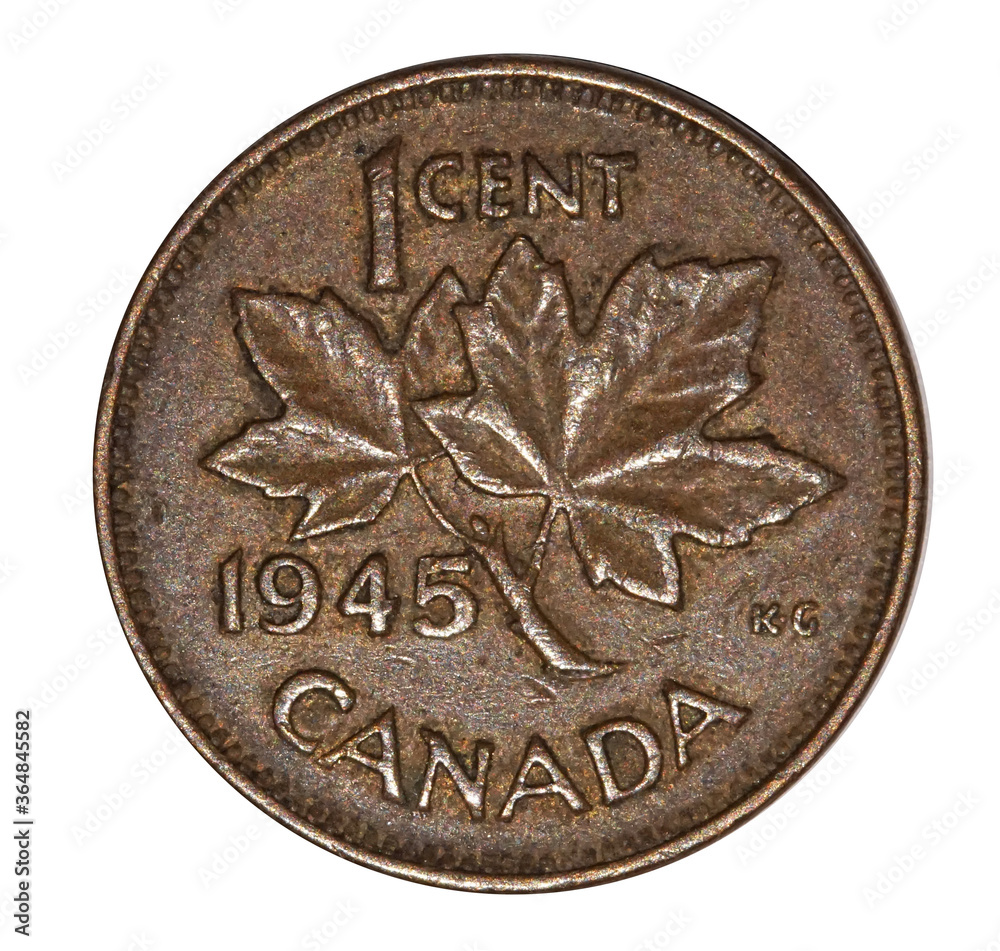 1945 Canadian old worn and stained coin from the year World War II ...