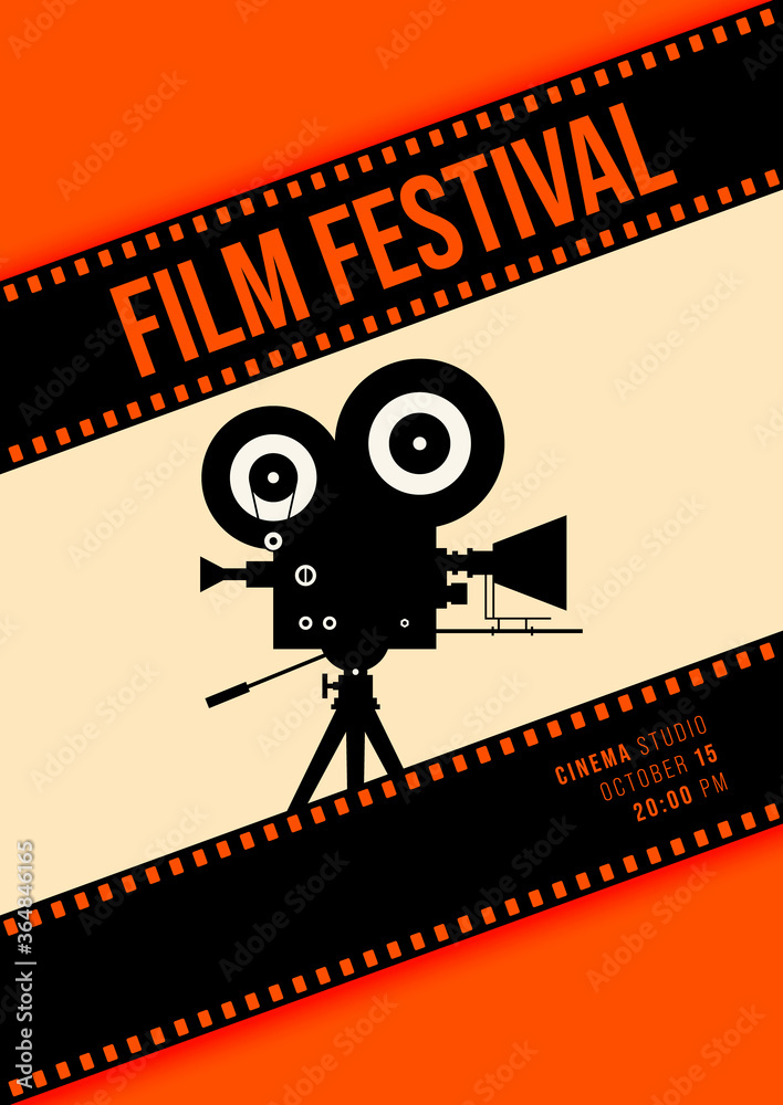 Movie and film poster design template background with vintage camera ...