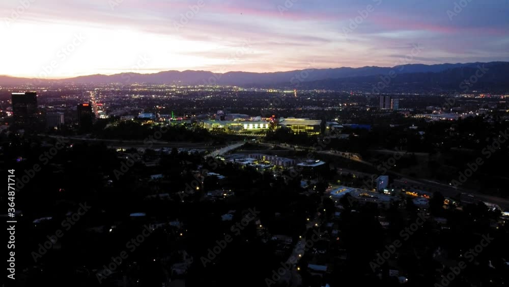 Hollywood Hills/Studio City birds-eye-view at dusk. Panoramic city view ...