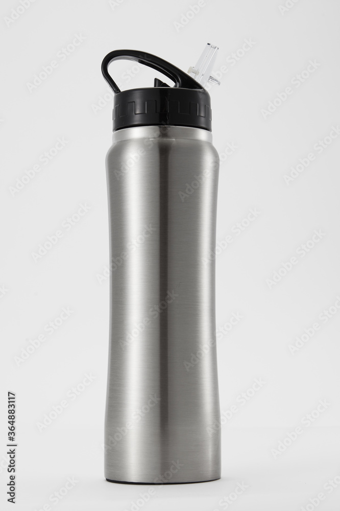 Full length grey aluminium waterbottle. Isolated on white background ...