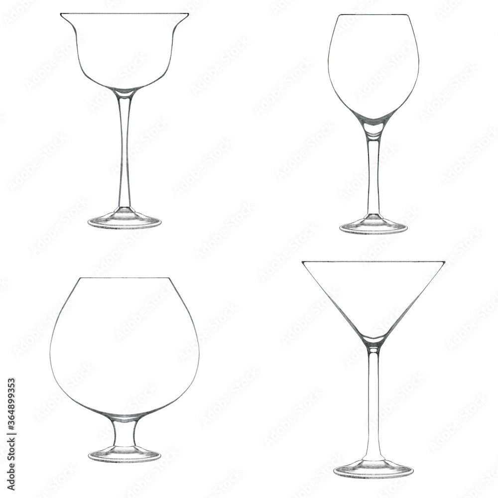 Set of glasses for cocktail isolated on white. Hand drawn illustration ...