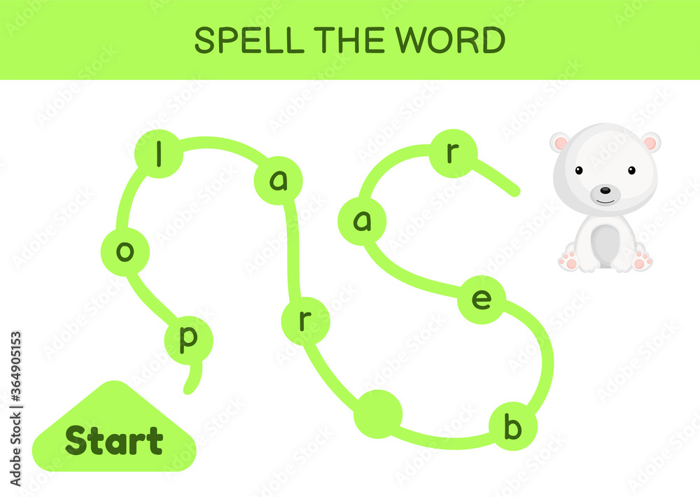 Maze for kids. Spelling word game template. Learn to read word polar ...
