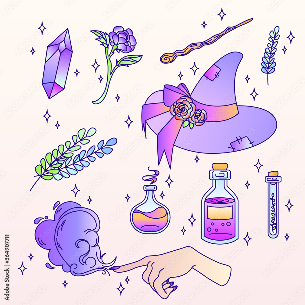 Vector witch magic design elements set. Hand drawn, doodle, sketch ...