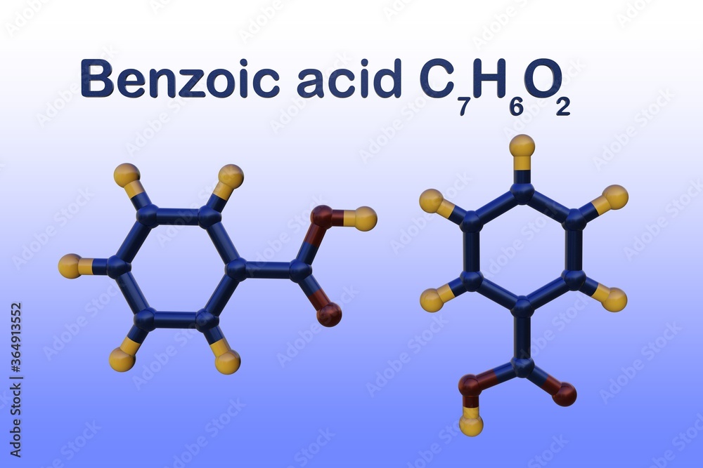 Structural chemical formula and molecular model of benzoic acid that ...