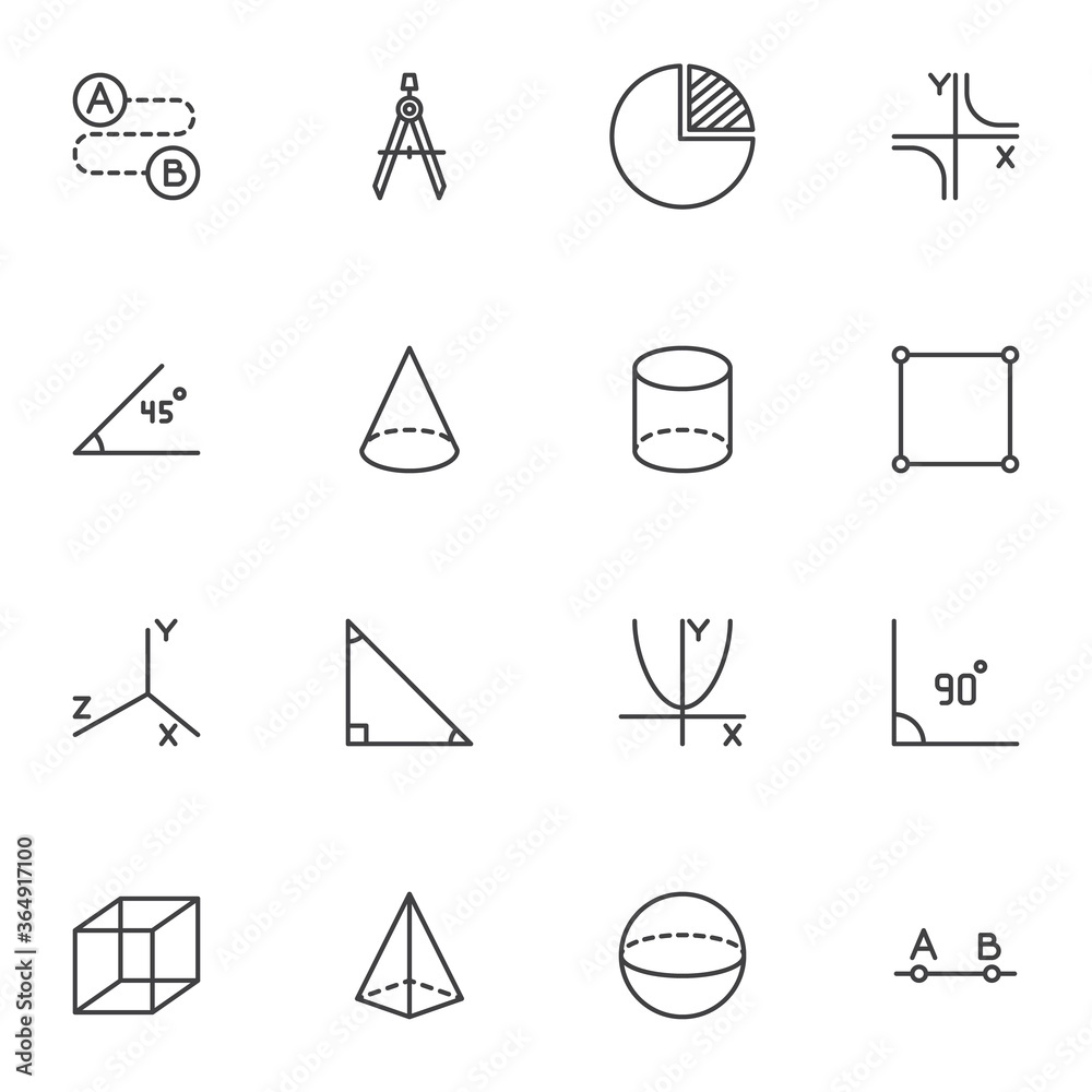 Geometry shapes line icons set, algebra and geometry outline vector ...