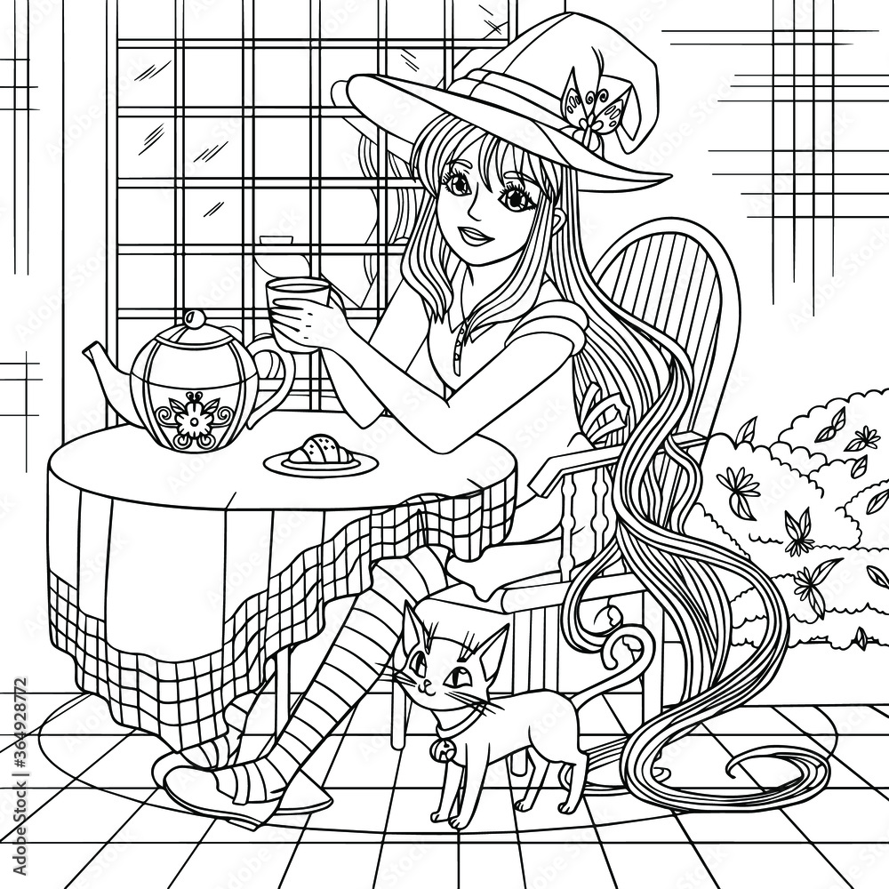 Halloween. Witch with long hair in a big hat drinks a cup of tea in the ...