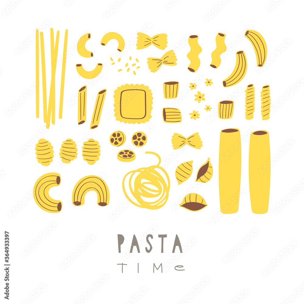 Vector illustration set of different types of pasta. Hand drawn ...