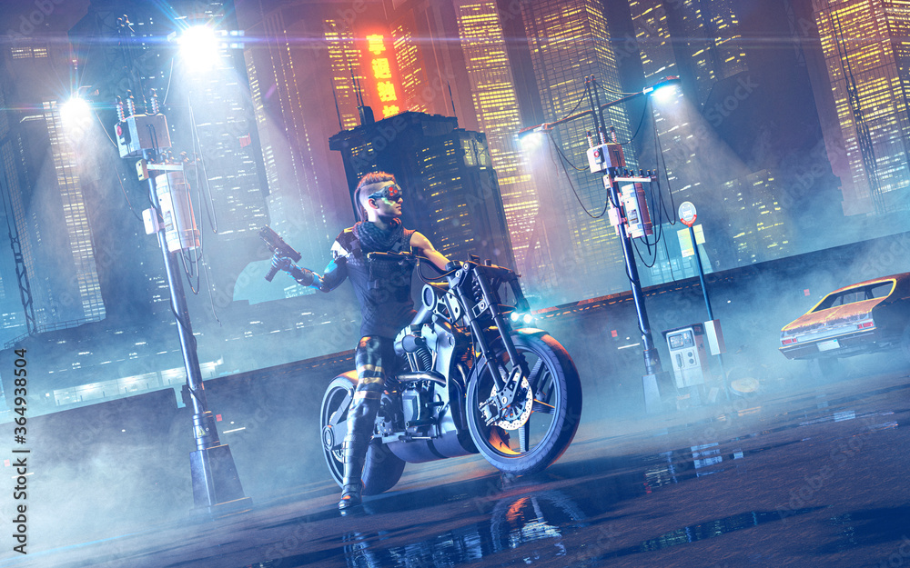 Cyberpunk rider on a cyber motorbike in a futuristic night city with ...