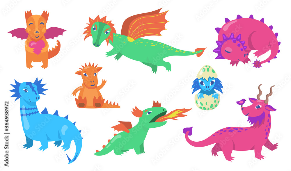 Cute fairytale dragons flat icon set. Cartoon baby dinosaurs for kids ...