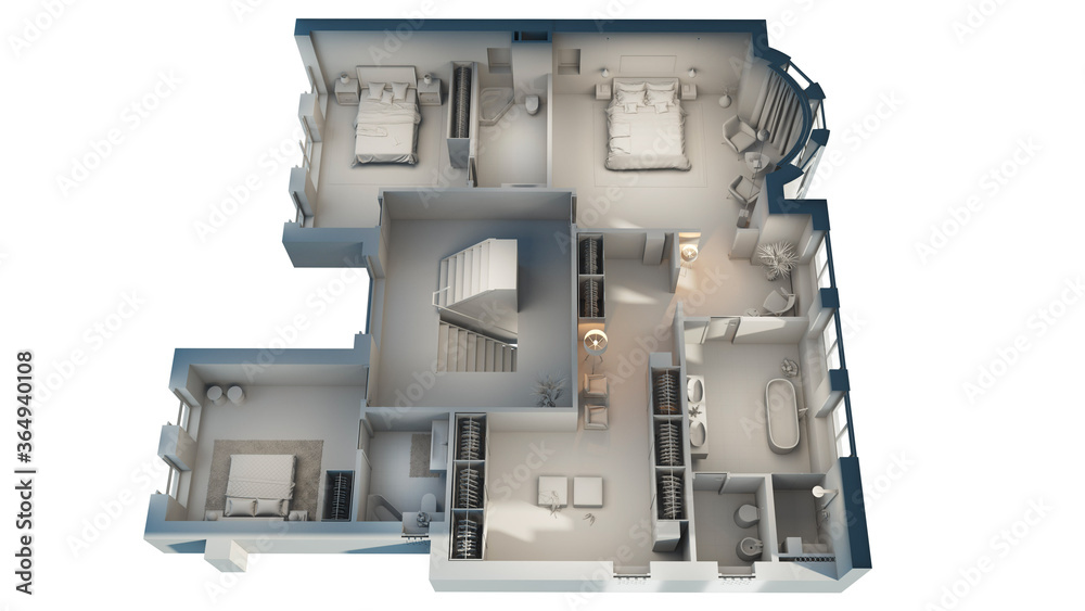 Floor plan of a house top view 3D illustration in grey. Concept design ...