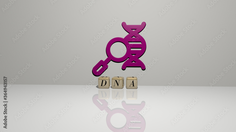 3D graphical image of DNA vertically along with text built by metallic ...