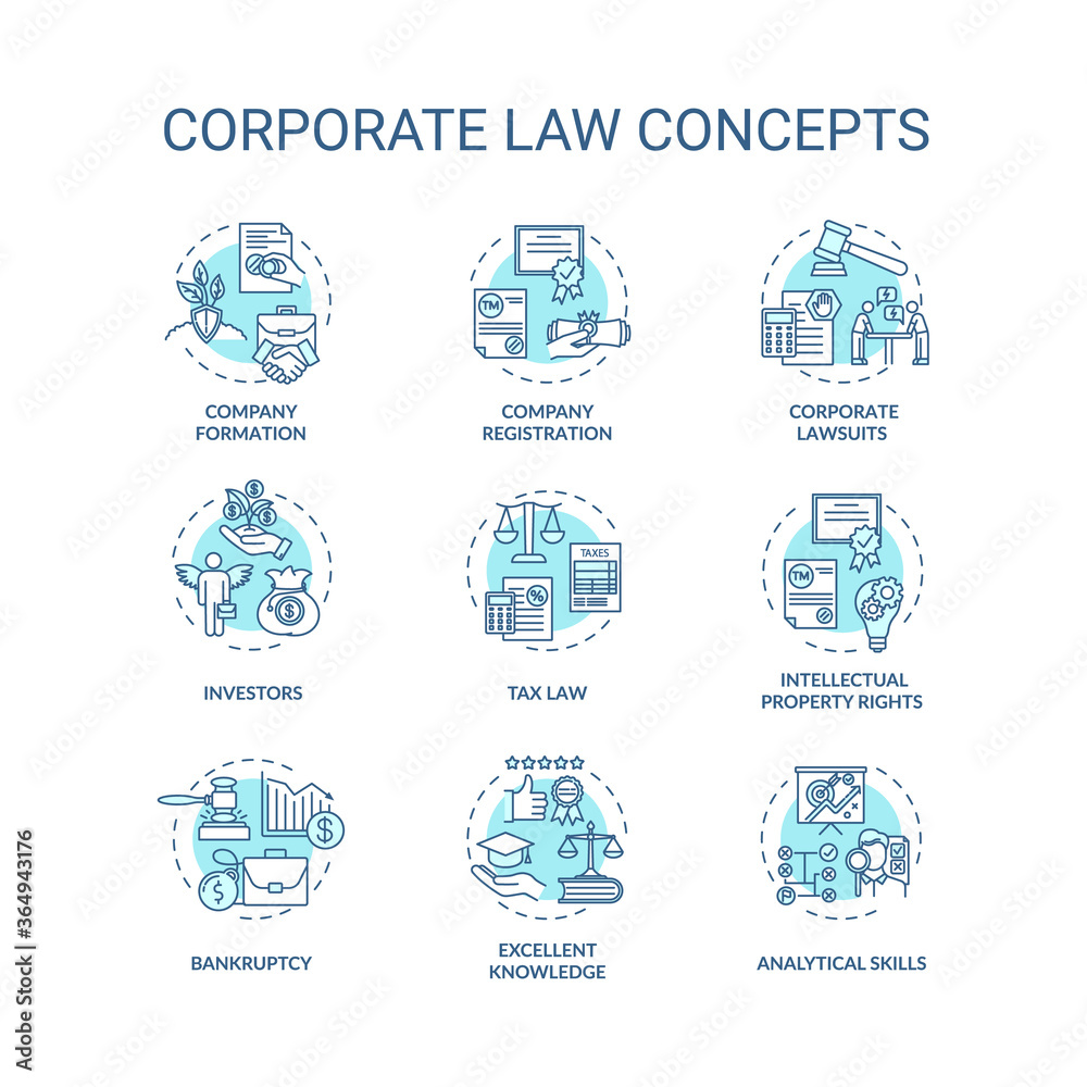 Corporate law concept icons set. Good lawyer knowledge. Company ...