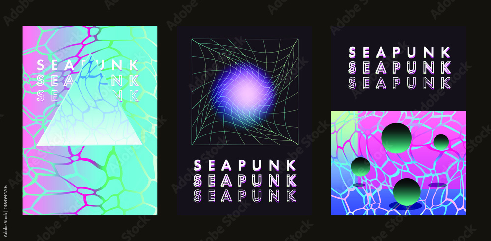 Seapunk vaporwave style posters with surreal composition of geometric ...