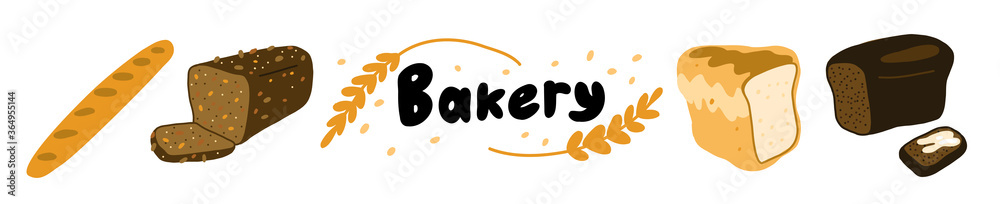 Bakery horizontal banner. White wheat and brown bran bread. Different ...