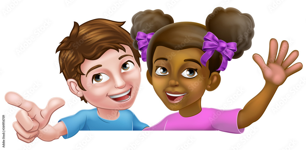 Young little boy and girl kids children cartoon characters peeking over ...