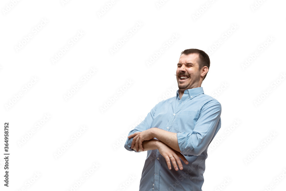 Gloating. Young caucasian man with funny, unusual popular emotions and ...