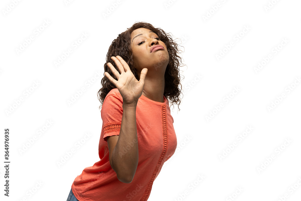 Bye bye dudes. Young african-american woman with funny, unusual popular ...