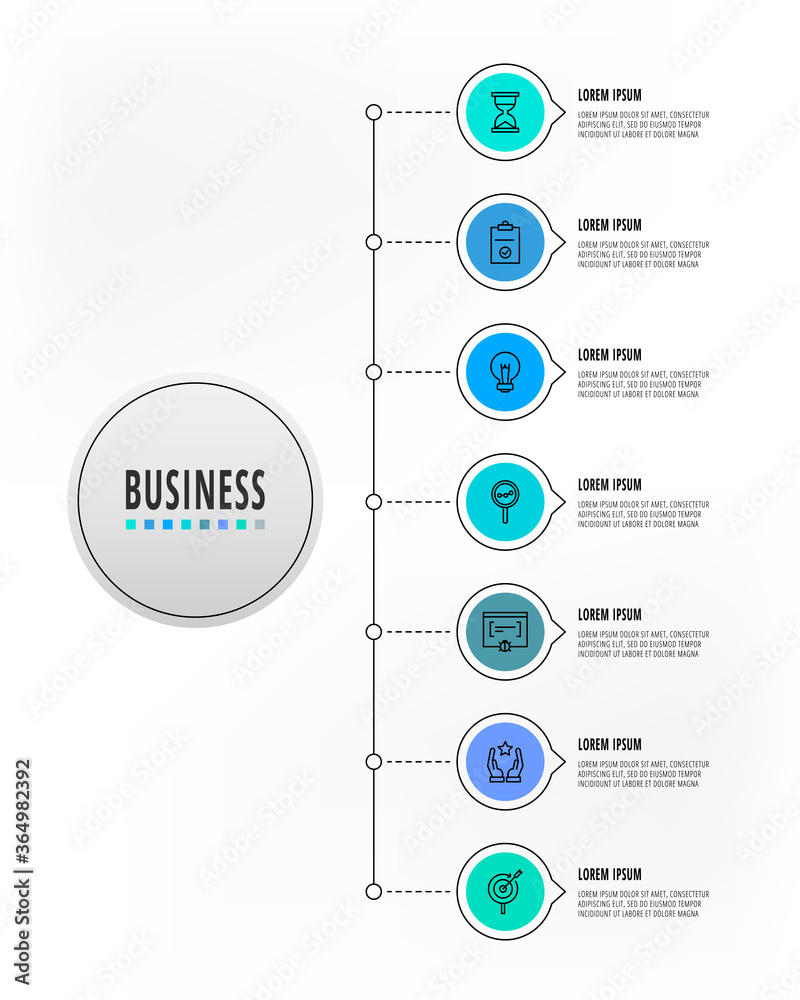 Infographics circles with 7 steps, icons. Flatline vector template. Can ...