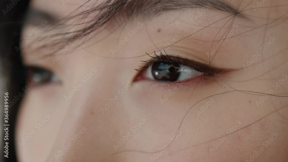 Eyes of wonderful asian young woman opening and looking straight ...