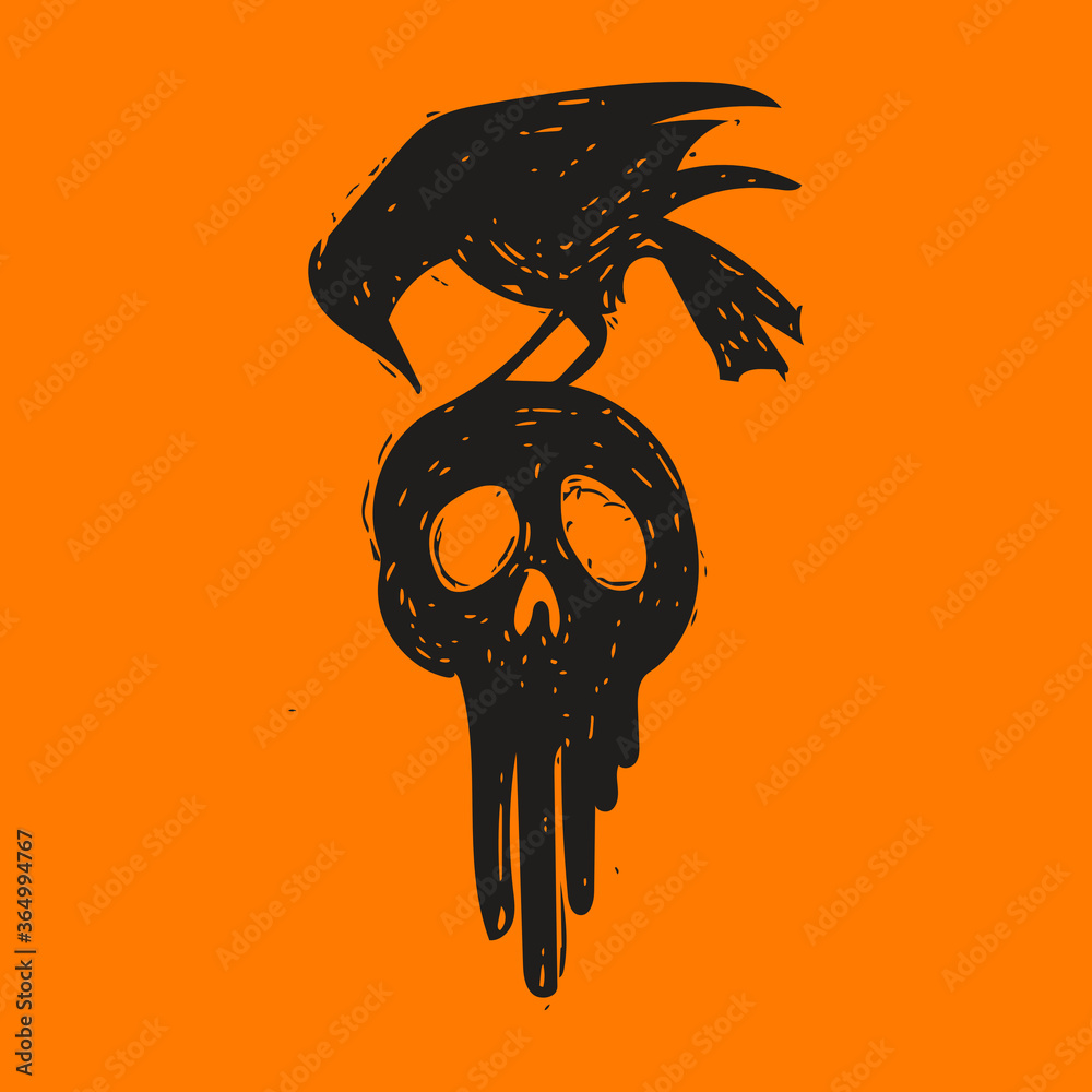 Hand drawn illustration of a black crow sitting on top of a melting ...