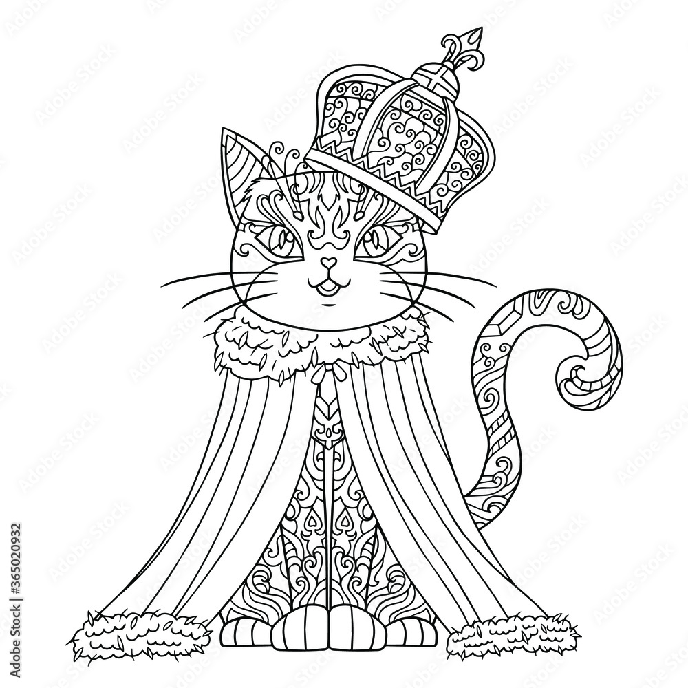 King cat with monarch crown. Coloring book page for adults. Cat lover ...