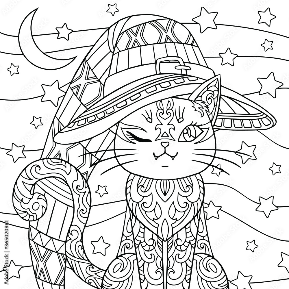Halloween cat in witcher hat. Kitty on night background with moon and ...