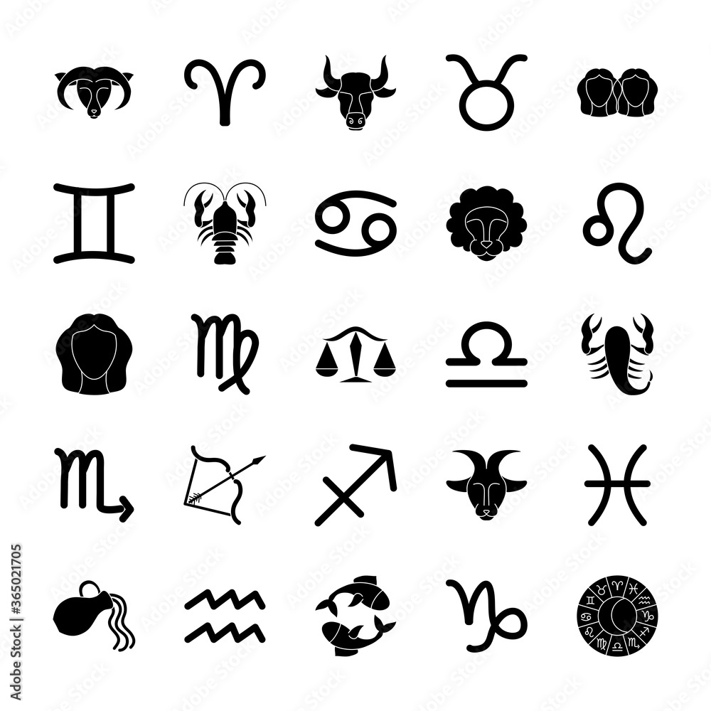 astrology signs and symbols icon set, silhouette style Stock Vector ...