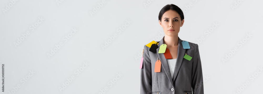 website header of businesswoman with labels on formal wear standing ...