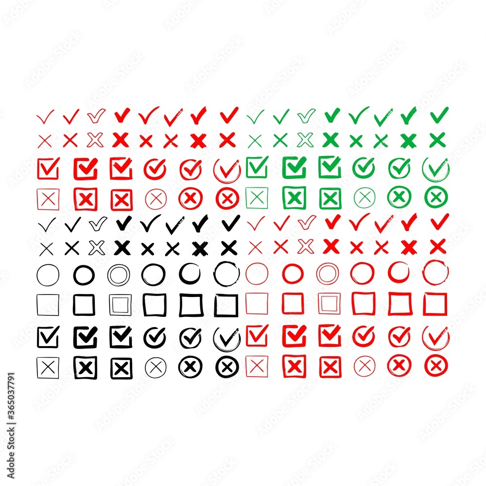 Set hand drawn check mark, tick and cross brush signs, checkmark OK and ...