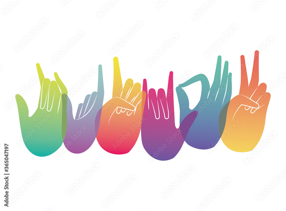 signs with multicolored and grandient hands design of People arm finger ...