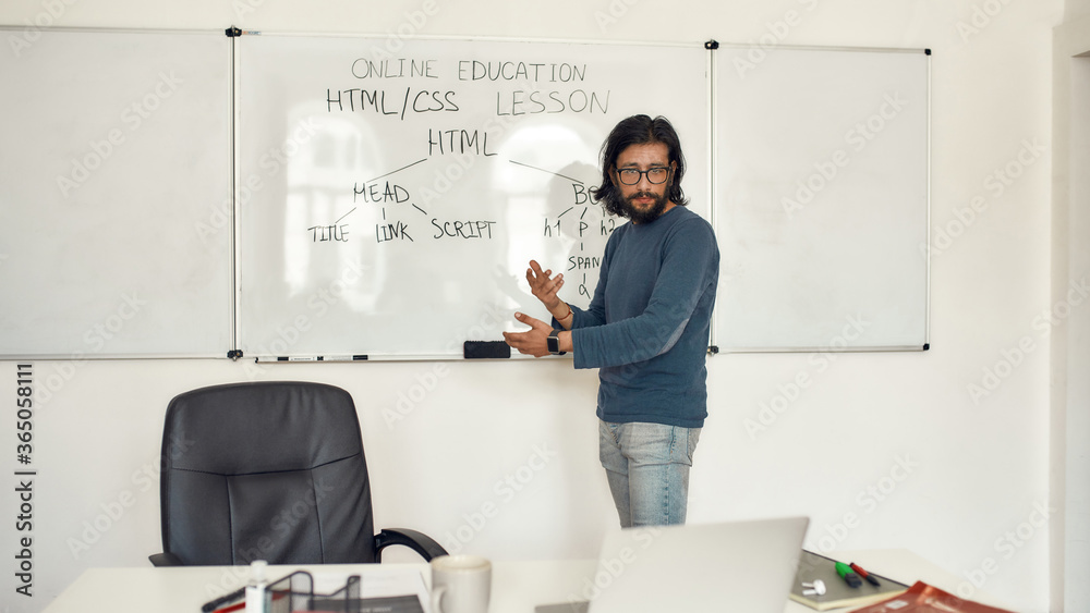 Code academy online. Young serious bearded male teacher wearing glasses ...
