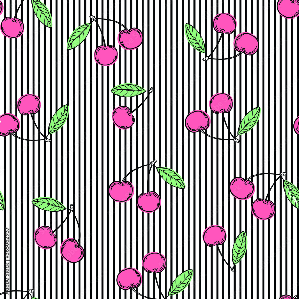 Vector illustration, seamless texture with cute flat little pink cherry ...