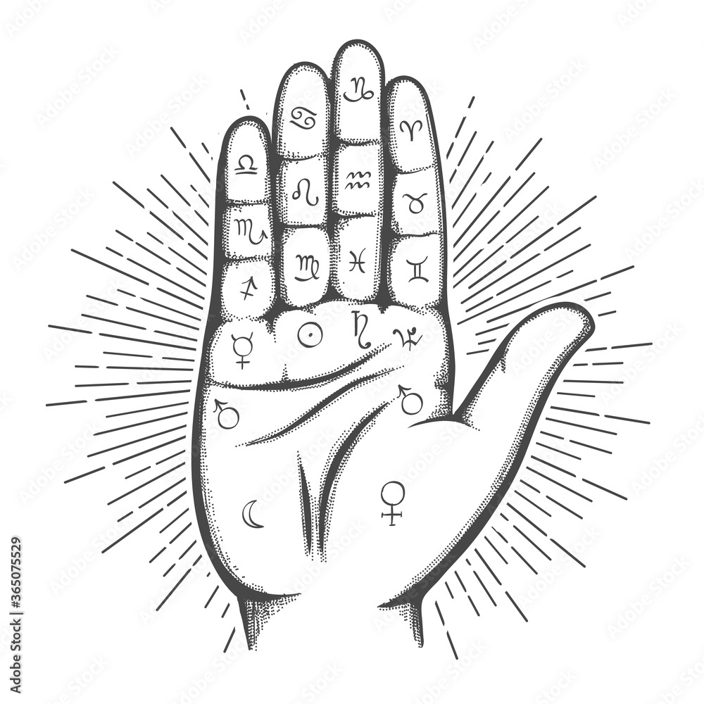 Human Palm with Palmistry Symbols Stock Vector | Adobe Stock