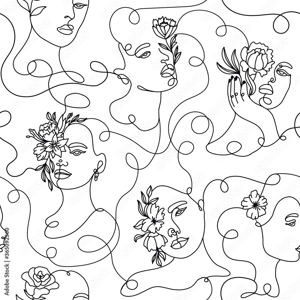 One line drawing abstract face seamless pattern. Modern minimalism art ...