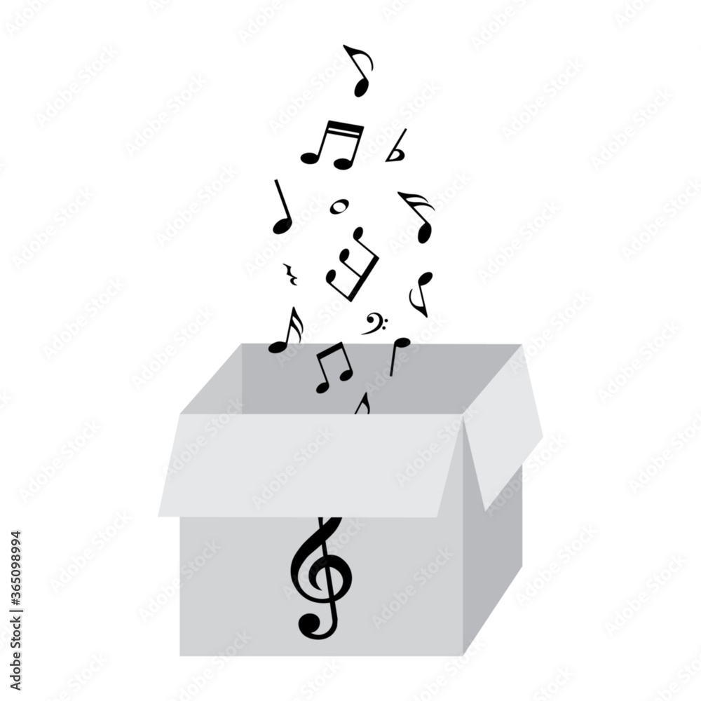 Music notes in box. Flying music notes from open grey box. Vector ...