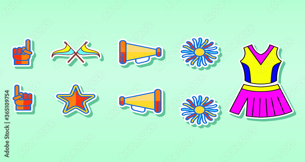 Cheerleading Icons Set Vector. Cheerleaders Accessories. Pompoms ...