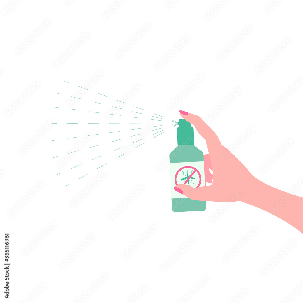 Mosquito spray. A hand presses the dispenser on a bottle of mosquito ...