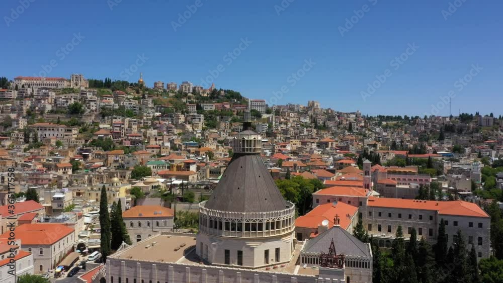 160 long shot flight showing the great Basilica of the Annunciation and ...
