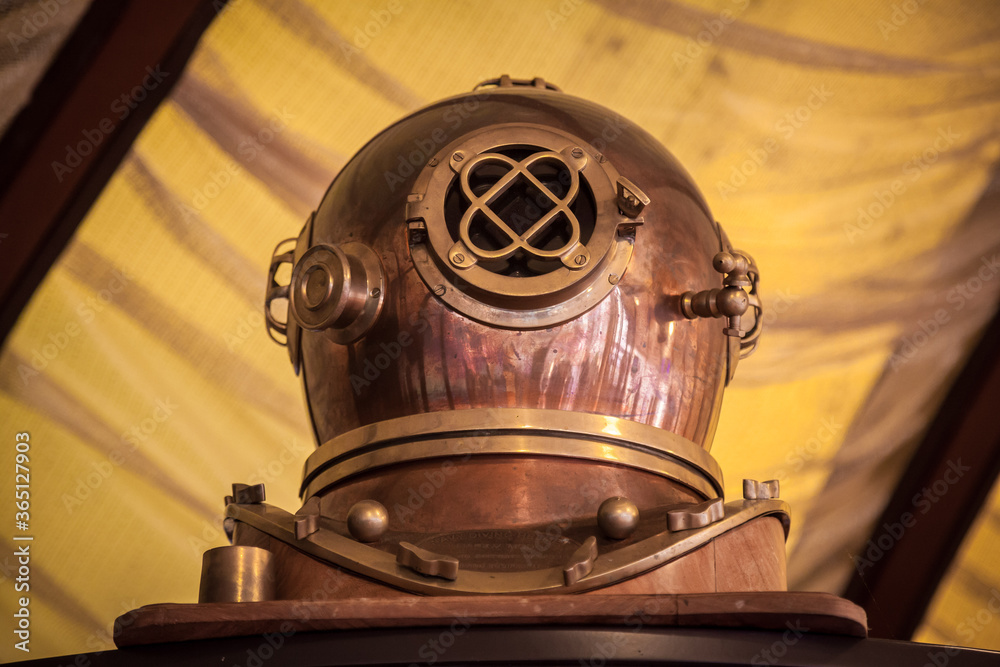 Old antique metal scuba helmet with clipping path isolated on white ...