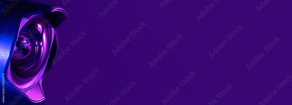 .Banner. The camera lens with purple backlight. Close-up of the camera ...