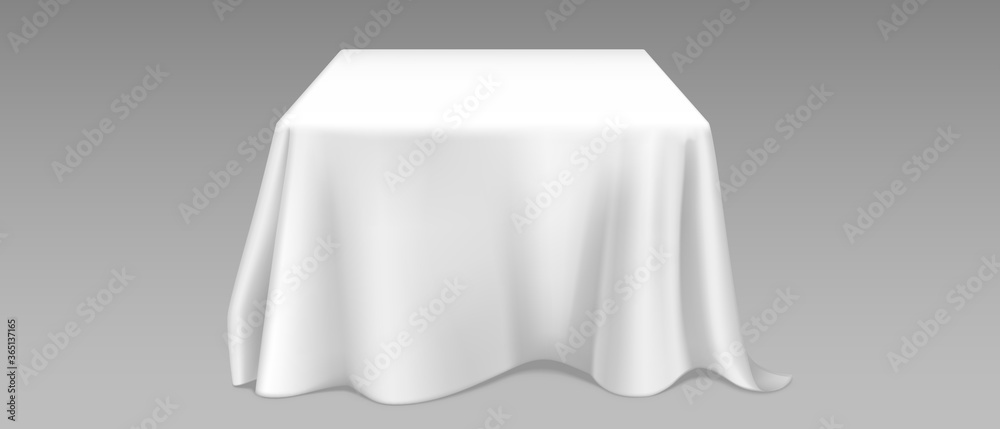 White tablecloth on square table. Vector realistic mockup of empty ...
