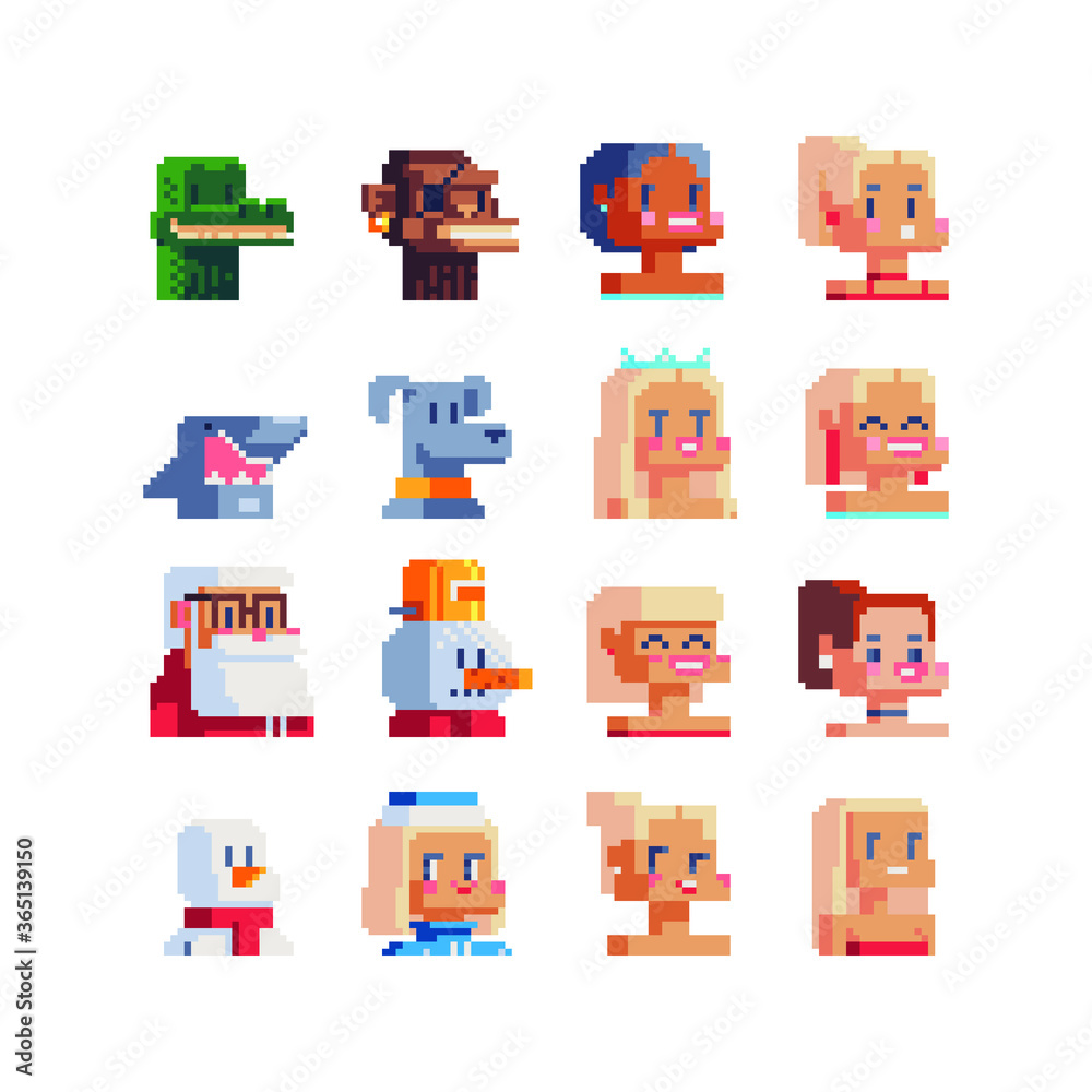 Vetor de Pixel art avatar profile characters set. 80s video game ...