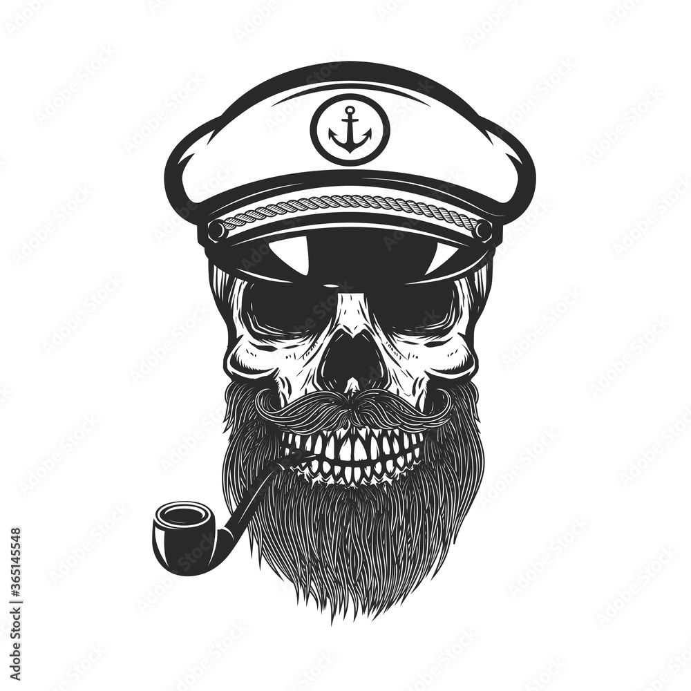 Illustration of bearded skull of sea captain. Design element for logo ...