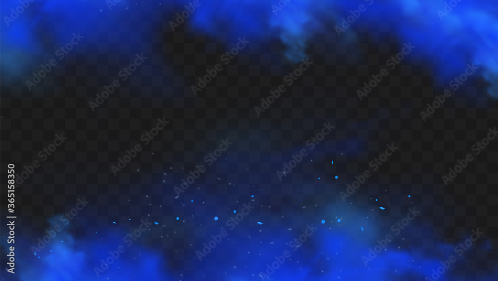 Blue smoke isolated on dark transparent background. Realistic blue ...