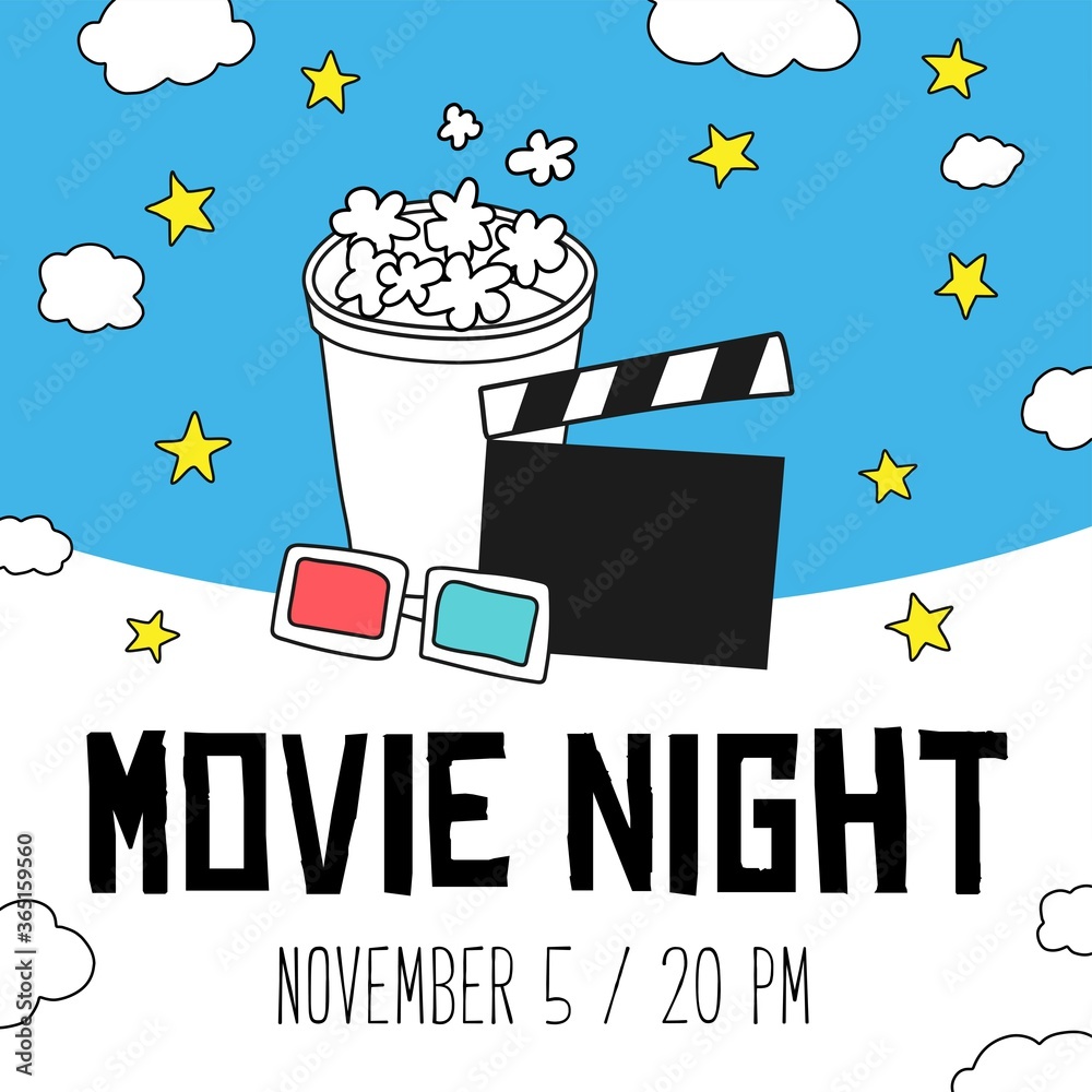 Movie night. Square format poster with popcorn and glasses for 3D films ...